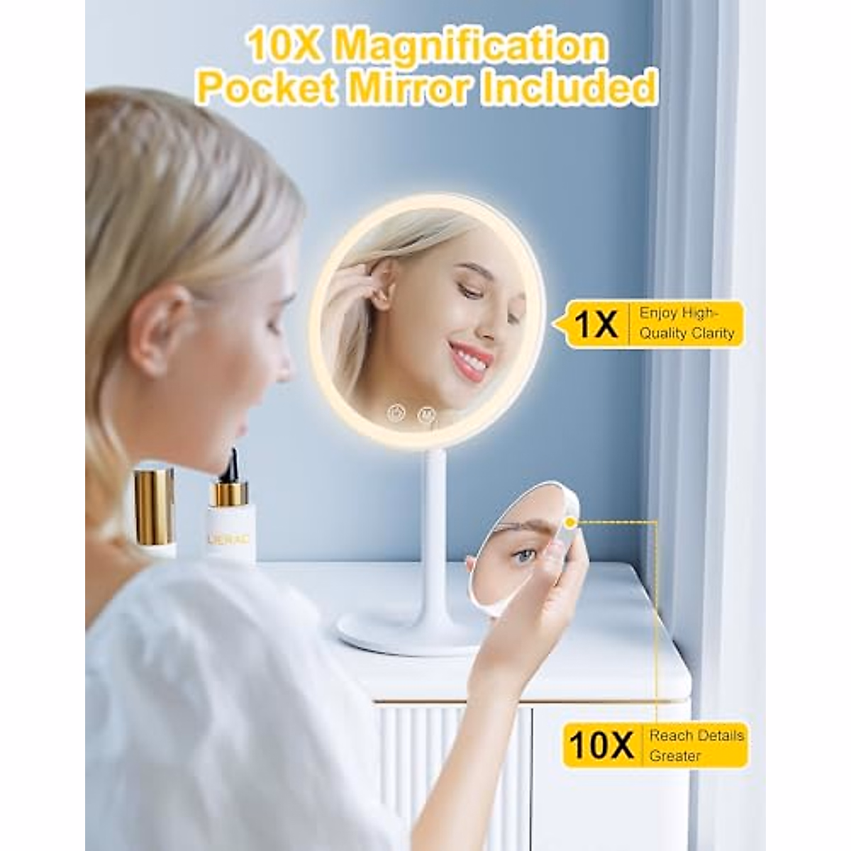 Make up Mirror with Lights, 1X/10X Magnifying Vanity Mirror with 46 LED Lights, 3 Lighting Modes, Brightness Adjustable and Rechargeable Personal Compact Travel Makeup Mirrors