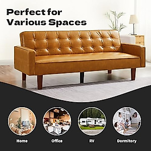 Homies Life Faux Leather Futon Couch, Mid Century Modern Futon Sofa with Memory Foam, Convertible Futon Sofa Bed for Small Spaces, Living Room, Office, Brown
