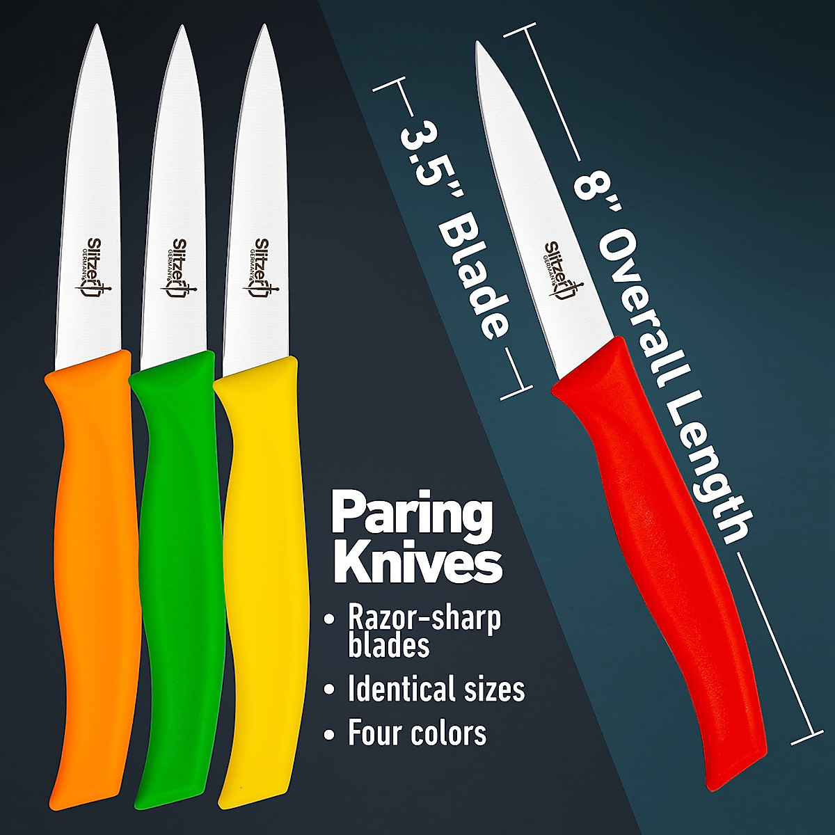 Slitzer Germany 4-Piece Paring Knife Set, 3 1/2 Inch Blade, German Stainless Steel, Colored Handles, Red, Yellow, Green, Orange
