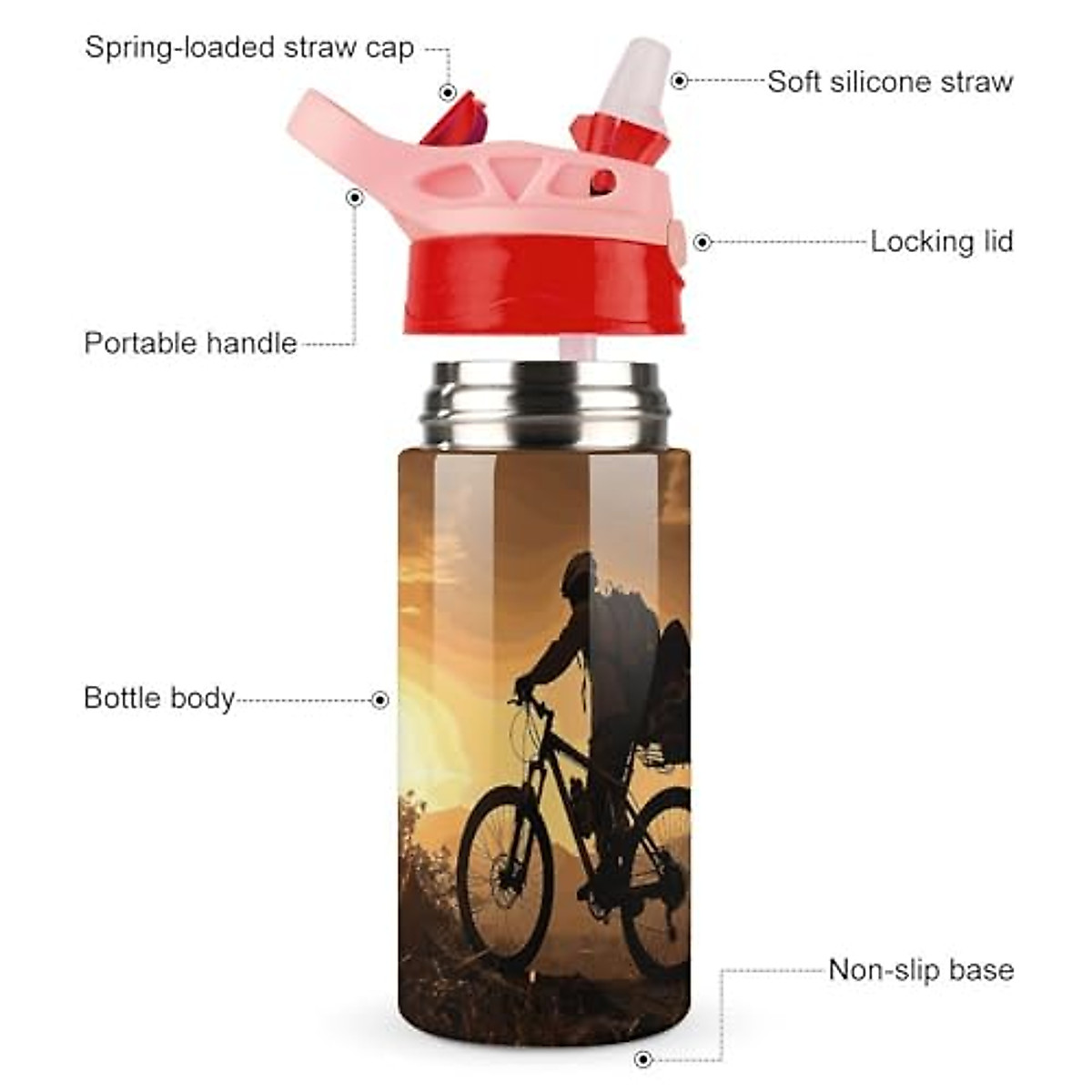 Stainless Steel Water Bottles Mountain Bike in The Evening Travel Water Cups with Handle And Silicone Straw Drinking Cup with Leak Proof Lid Thermo Travel Mug for Women Men