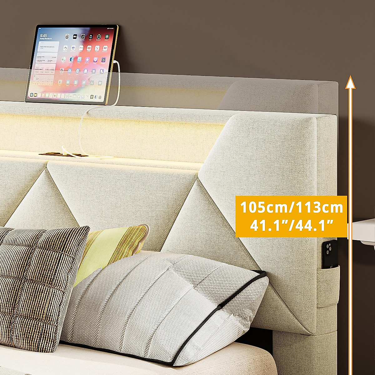 ANCTOR Twin Bed Frame with Storage Headboard and Charging Station, LED Lights Upholstered Platform Bed, Heavy Duty Steel Support Legs, Easy Assembly, Noise Free, Beige