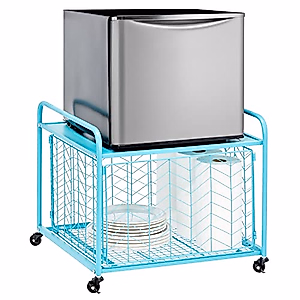 mDesign Small Portable Mini Fridge Storage Cart with Wheels and Handles - Mobile Refrigerator, Microwave, Appliance Platform Table with Drawer Basket for Dorm Room, Studio, Apartments - Ocean Blue