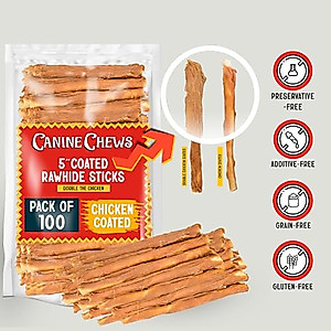 Canine Chews 5" Double Chicken Coated Dog Chew Sticks 100% USA Chicken Coated Chew Sticks for Dogs - Dog Chicken Treats Rawhide Bones for Small Dogs & Medium Dogs - Chicken Wrapped Dog Treats (100pk)