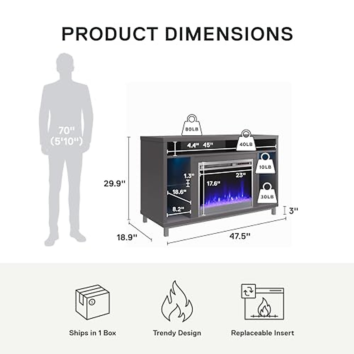 Ameriwood Home Lumina Fireplace TV Stand for TVs up to 48", Graphite Gray