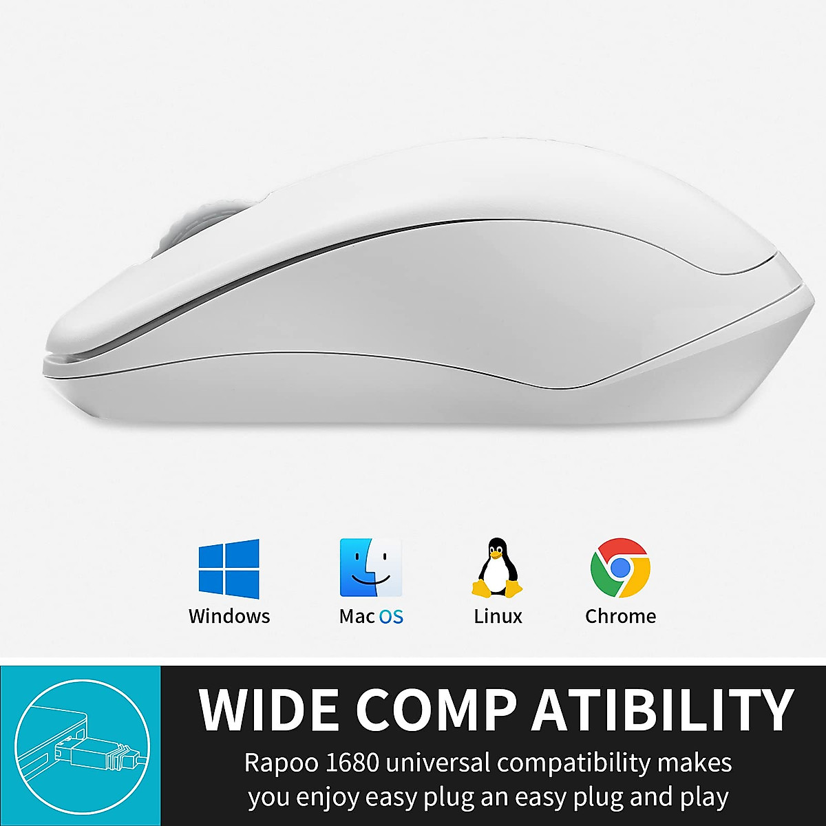 Rapoo 1680 Silent Wireless Mouse, 2.4GHz Cordless Mouse with USB Receiver, 1K DPI, 3 Buttons Computer Mouse with 12M Battery Life, Ambidextrous Computer Mice for PC/Tablet/Laptop, White