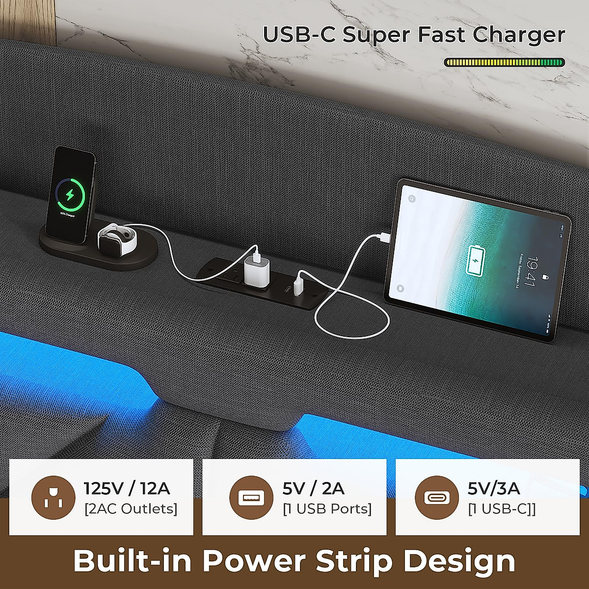 ADORNEVE Queen Floating Bed Frame with USB-C/A Charging Station, LED Bed Frame with Storage Headboard, Upholstered Platform Queen Bed with Shelves, Hidden Storage, Stable Structure,Dark Grey