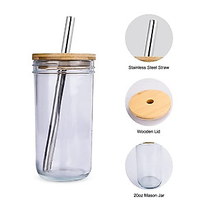 AmzFan Iced Coffee Cups, Boba Cup, Mason Jar with Lid and Straw 20 oz, Coffee Cups with Lids, Reusable Wide Mouth Boba Tumbler, Clear Travel Mug (2PCS-20 OZ)