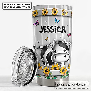 SANDJEST Personalized Cow Tumbler Sunflower Girl Loves Cows 20oz 30oz Tumblers with Lid Gift for Women Girl Daughter Sister Animal Lovers Christmas Birthday