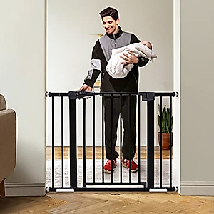 BABELIO 26-40 Inch Easy Install Extra Wide Pressure Mounted Metal Baby Gate, No Drilling, No Tools Required, with Wall Protectors and Extenders (Black)