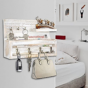 Wood Mail Organizer Wall Mounted - Key Holder for Wall, Mail and Key Holder with Shelf, Mail Holder with Key Hooks for Letter, Bills and Dog Leash, Rustic Mail Sorter for Entryway, Office, White