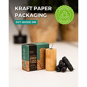 Vegan Bamboo Charcoal Dental Floss - 5-Pack - Refillable Bamboo Container - 5 x 33 Yards - Eco-Friendly Floss - Candelilla Wax Floss with Natural Mint Flavoring