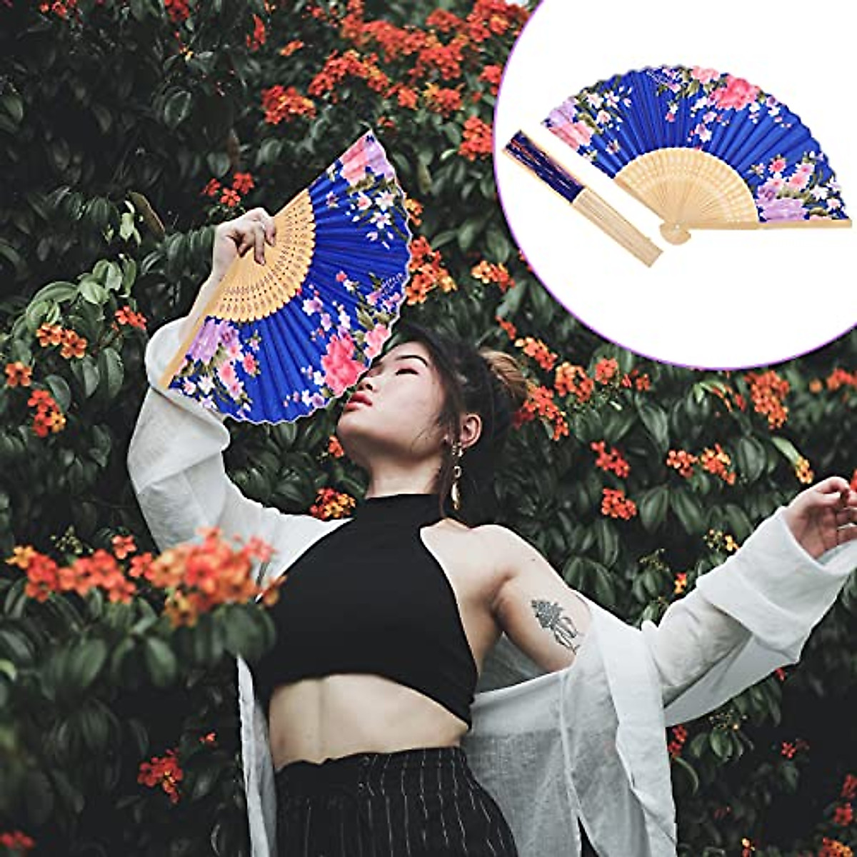 RAZZUM 2 Pcs Floral Folding Hand Fan Chinese Vintage Retro Silk Handheld Fans with Frames for Wedding Dancing Church Party Gifts Blue Fan