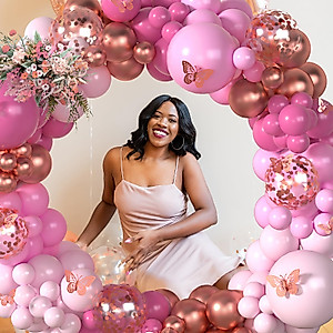 Pink Balloon Arch Dusty Rose Pastel Pink Light Pink Metallic Rose Gold Latex Balloons Garland Kit Butterfly Sticker Set for Bridal Shower Birthday Party Decorations