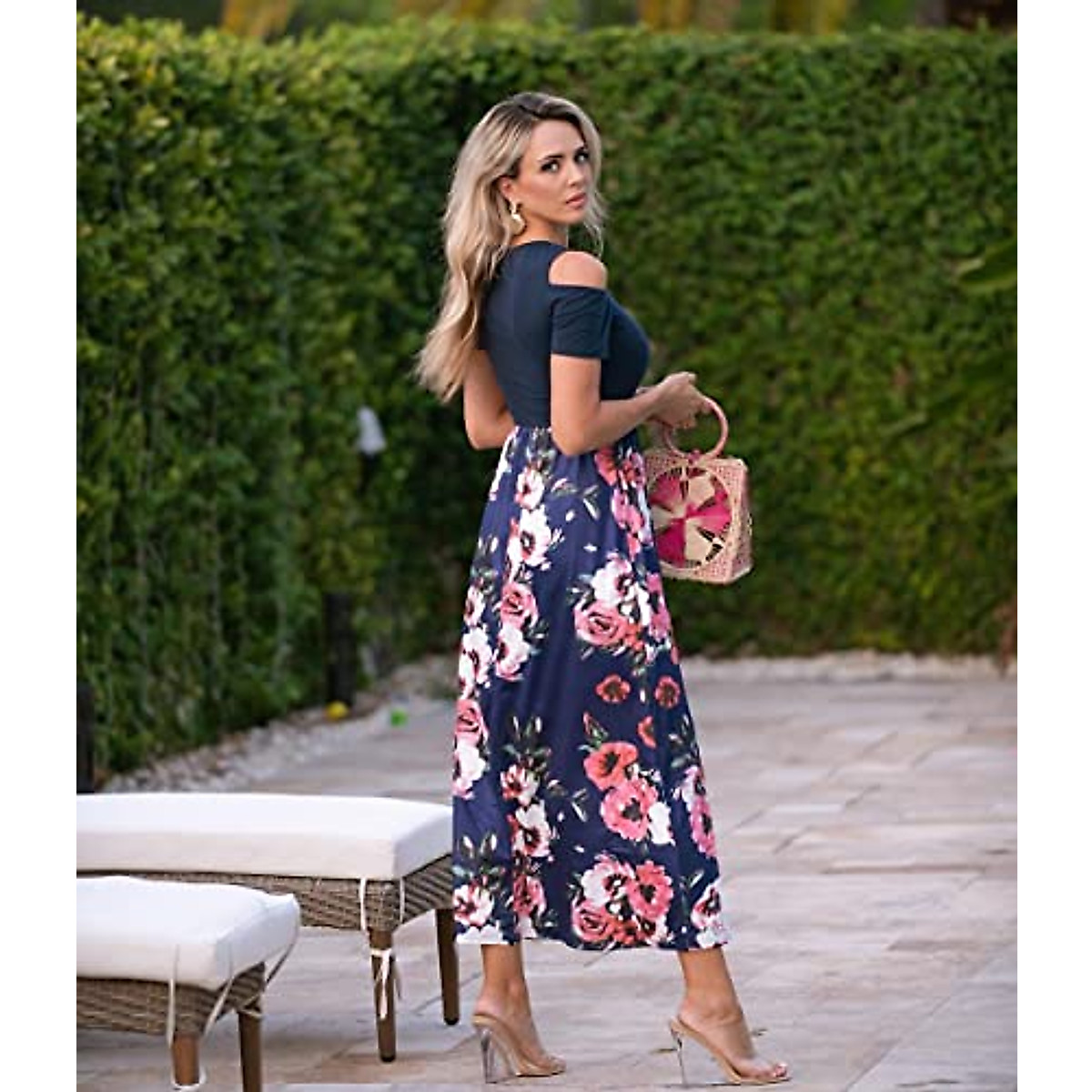 STYLEWORD Womens 2023 Fashion Summer Floral Wedding Guest Maxi Long Dress with Pocket Cold Shoulder Casual(Floral04,L)