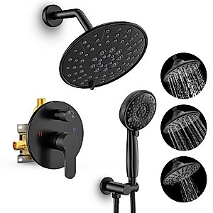 SR SUN RISE Black Shower Faucet - 3 Functions High Pressure 8 Inch Rain Shower Head System- 8 Settings Handheld Shower Head Fixtures- Valve Included - Matte Black