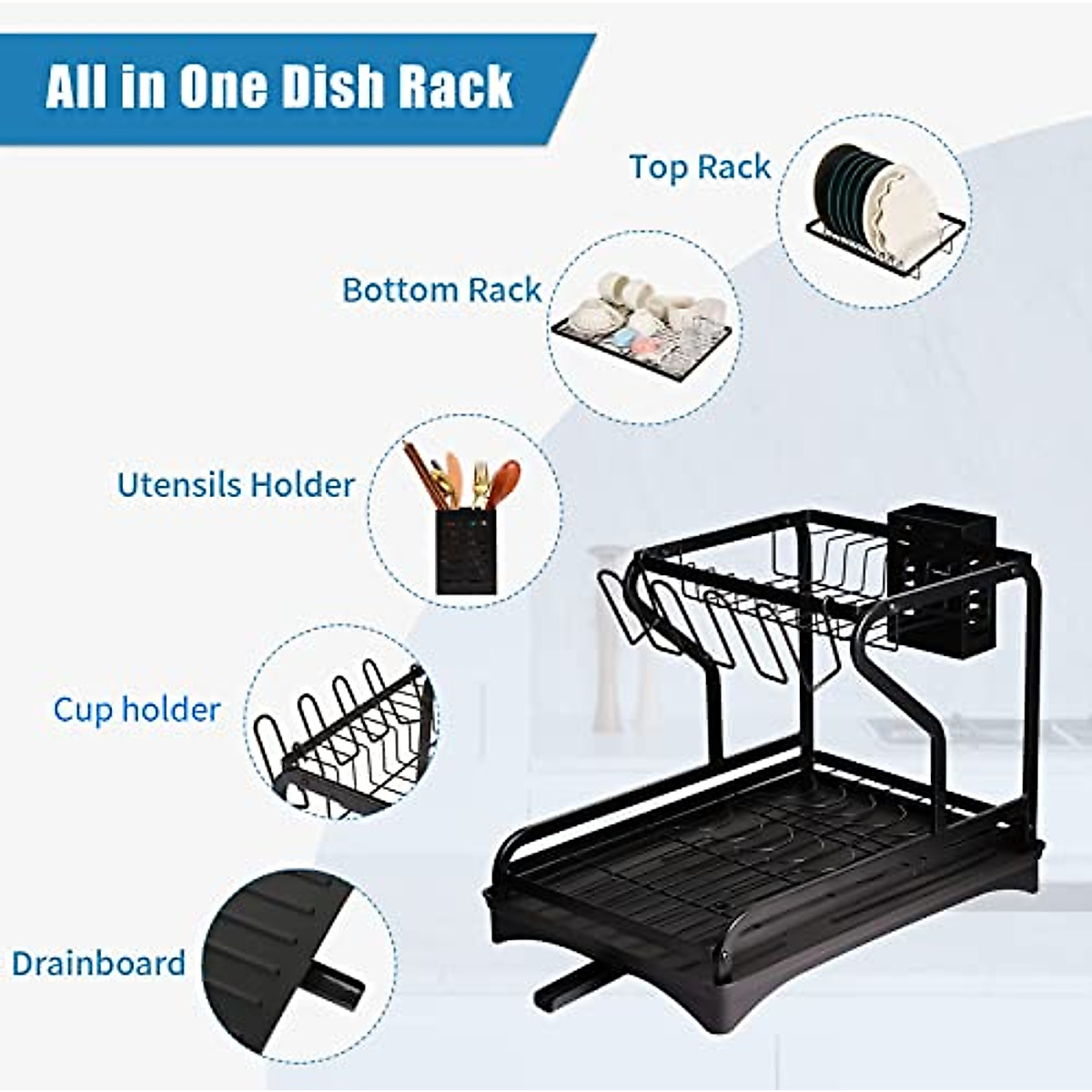 YWCMESDM Dish Drying Rack, Multifunctional Dish Rack with Drainboard & Utensil Holder, 2 Tier Stainless Steel Dish Racks, Dish Drainers with a Large Capacity for Kitchen Counter (Black)