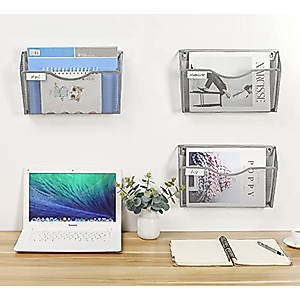 EasyPAG Mesh Wall File Holder 3 Pockets Hanging File Folder Organizer for Home and Office with Nametag Label, Silver
