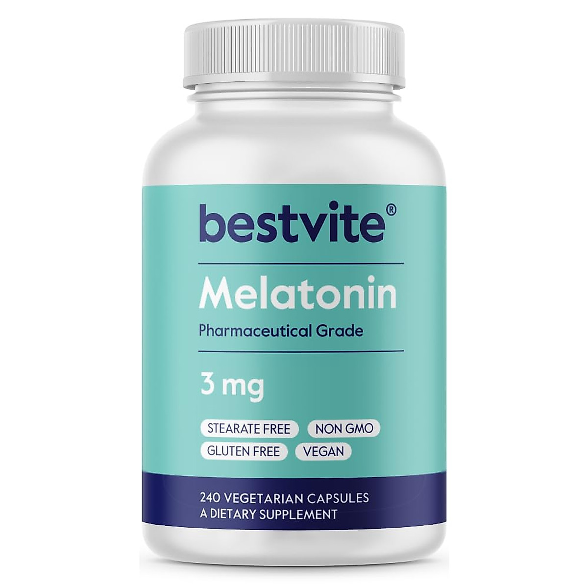 BESTVITE Melatonin 3mg (240 Vegetarian Capsules) - No Crospovidone - No Dextrose - No Dicalcium Phosphate - No Stearates - Vegan - Non GMO - Gluten Free - Easy to Swallow Capsule