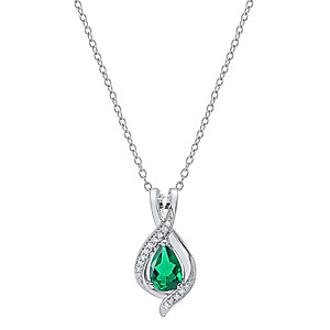 Dazzlingrock Collection 9x6 mm Pear Lab Created Emerald & Round White Diamond Swirl Teardrop Pendant with 18 inch Silver Chain for Women in 10K White Gold