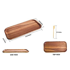 Dstuff Wood Serving Platter Tray Plate, Bathroom Vanity Tray, Wooden Steak Plates, Set of 1 Small Wood Tray + 30 Paddle Picks, Solid Natural Rectangular Acacia Board for Food Party Cheese Appetizer,