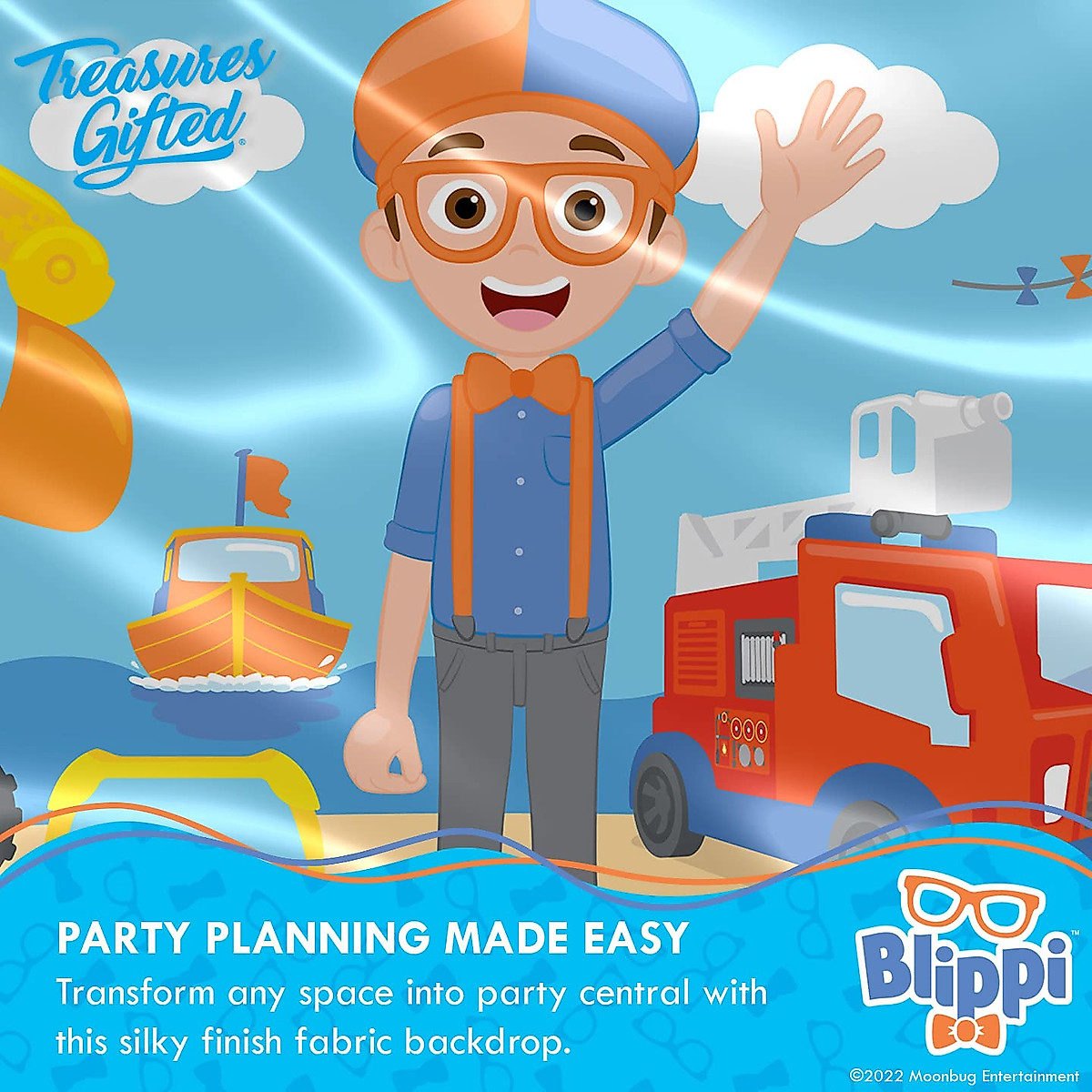 Treasures Gifted Officially Licensed Blippi Birthday Party Supplies - Blippi Backdrop Vehicle - 4.25ft Tall x 6ft Wide Blippi Birthday Backdrop - Blippi Birthday Banner - Blippi Party Decorations