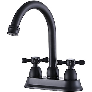 UFaucet 4 Inch Centerset Matte Black Bathroom Faucet, 2 Cross Handle 3 Hole RV Camper Bathroom Sink Faucet, 360° Swivel Spout Stainless Steel Lavatory Basin Bath Vanity Without Accessories Only Faucet