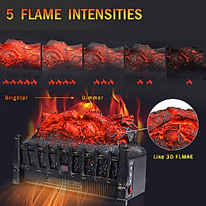 Waleaf Electric Fireplace Logs Set Heater 23", 1500W Freestanding Fireplace Insert with 5 Flame Brightness&Speed Realistic Ember Bed, 8H Timer