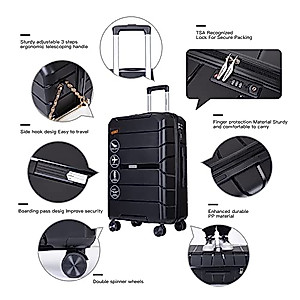 Travelhouse Hardshell Luggage 3 Piece Set Suitcase PP Hardshell with Spinner Wheels and TSA Lock 20in 24in 28in Women Business and student suitcase Set(Black)