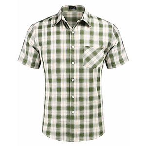 COOFANDY Men's Short Sleeve Plaid Dress Shirt Classic Fit Wrinkle-Free Casual Button Down Checked Shirts with Pocket Green, Large