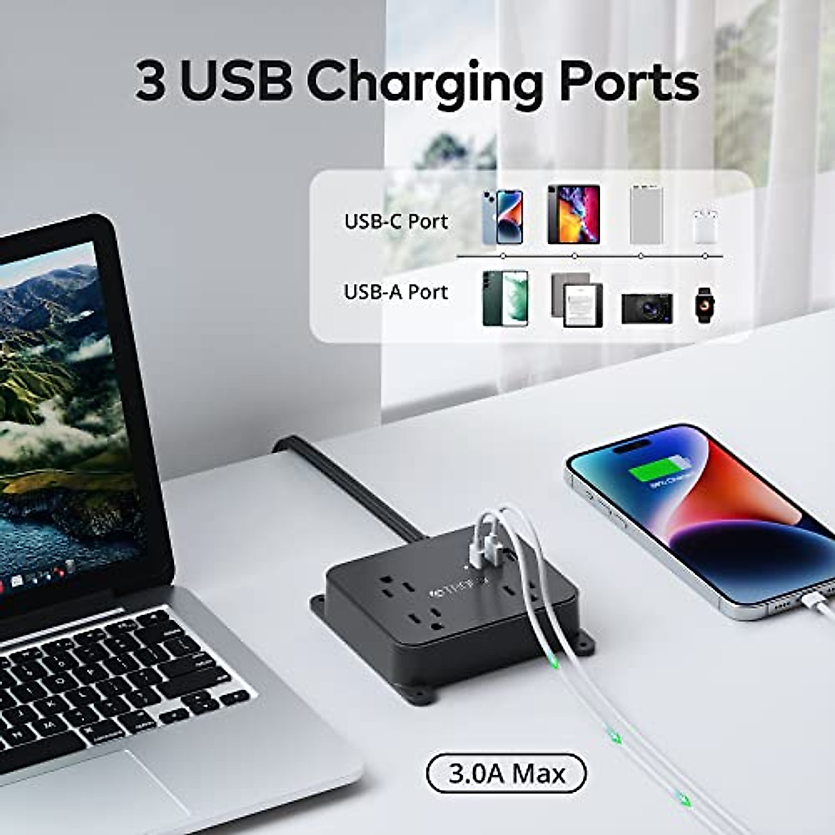 Flat Plug Power Strip - TROND 5FT Ultra Thin Extension Cord with 3 USB Charger, 3 AC Outlets Desktop Charging Station, Wall Mount, Compact for Home, Work Bench, Dorm Room Essentials, Cruise Ship