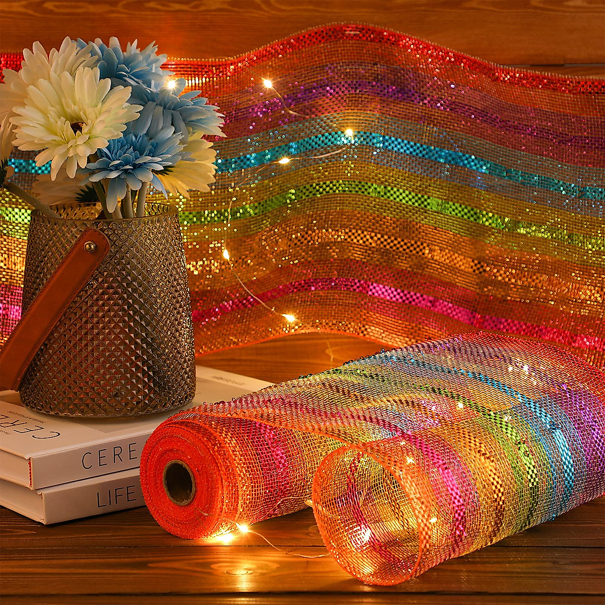 Christmas Deco Mesh Wreath Supplies Deco Mesh 10 Inch Ribbon Poly Mesh Ribbon Colorful Metallic Mesh Ribbon for Christmas Tree Party Wedding Garland,10 Inch x 30 Feet (2 Rolls)