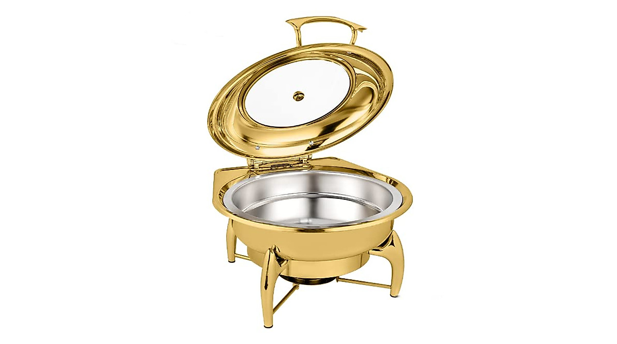 HONHPD 6.8 QT Round Golden Chafing Dish, chaffing server set buffet, Stainless Steel Buffet ...