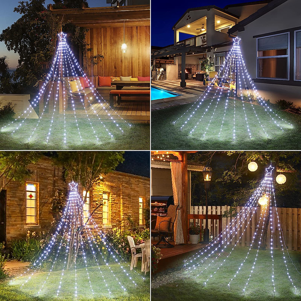 Flacchi White Star Holiday Lights 320 LED Waterfall Tree Lights with 11" Topper Star Christmas Lights 8 Modes Timer Waterproof Fairy Lights Indoor Outdoor Decorative for Patio Garden Wedding Decor