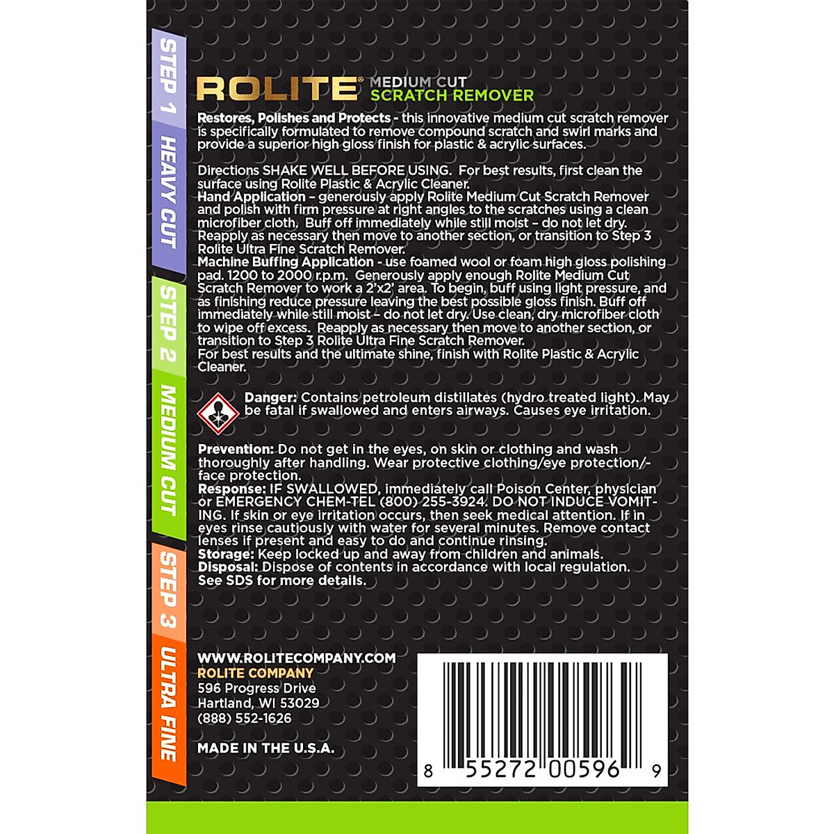 Rolite - RMCSR8z Medium Cut Scratch Remover (8 fl. oz.) for Plastic & Acrylic Surfaces Including Marine Strataglass & Eisenglass, Headlights, Aquariums