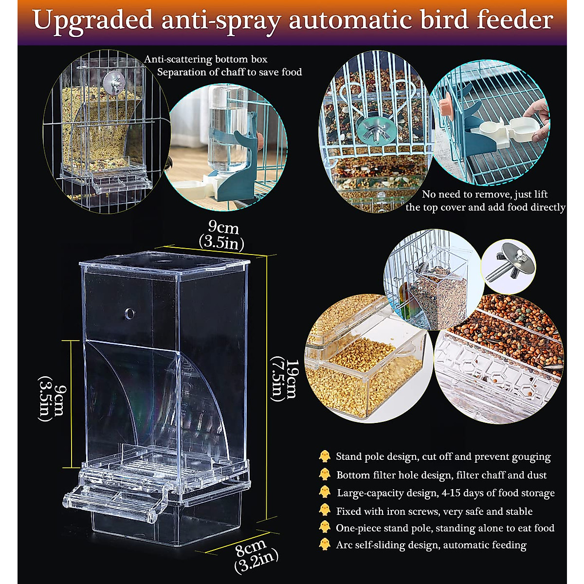 Kenond No Mess Bird Feeder Water Dispenser set, Automatic Parrot Feeder Cage Accessories, Clear Parakeet Seed container Food Feeder Drinker for Cage, Cockatiel Finch Lovebirds Budgies Canary (Blue)