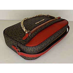 Michael Kors Jet Set Large Chain Crossbody Bag bundled with with SM TZ Coinpouch Wallet and Purse Hook (Signature MK Brown/Flame)