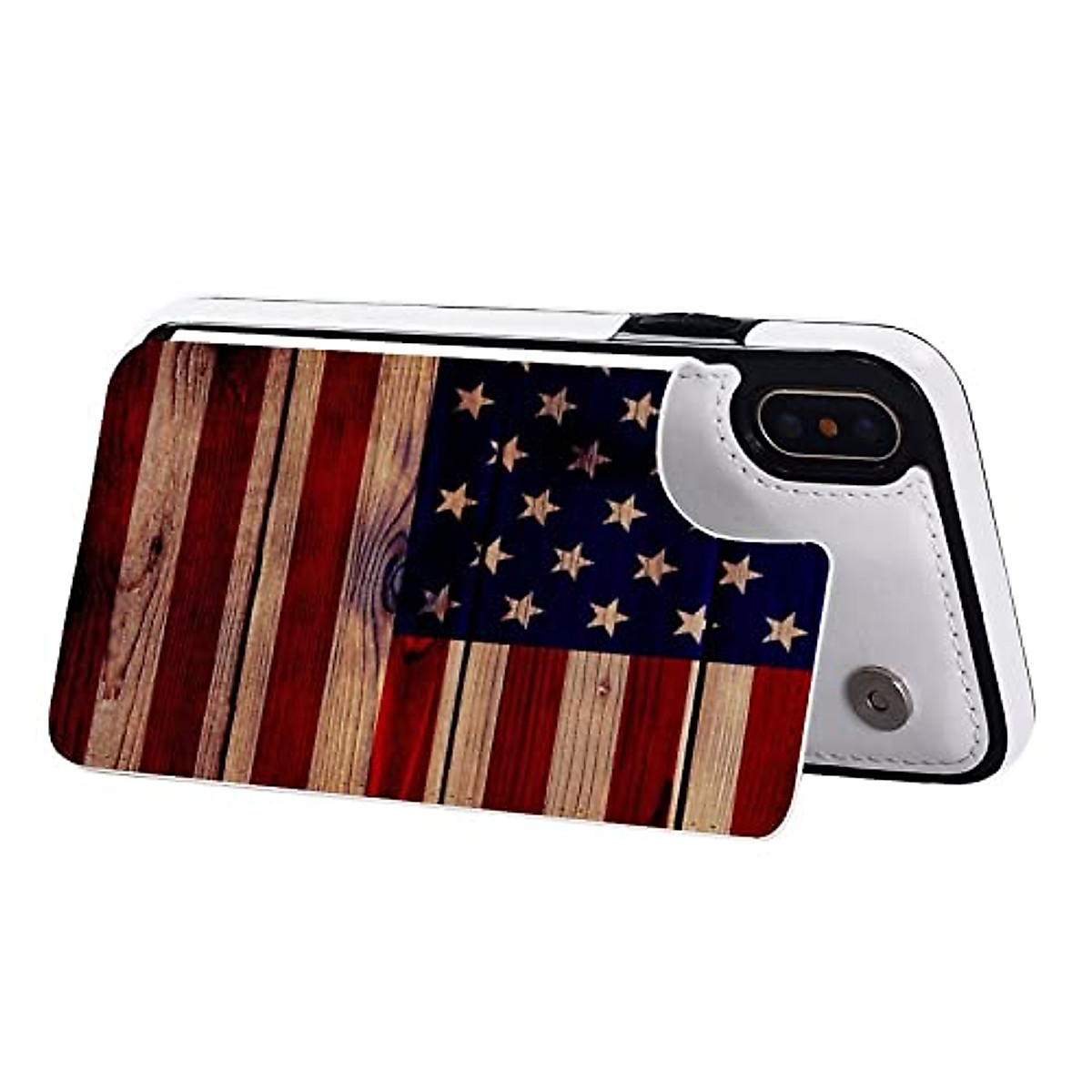 Wood Texture Flag USA Wallet Phone Cases Fashion Leather Design Protective Shell Shockproof Cover Compatible with iPhone X/XS