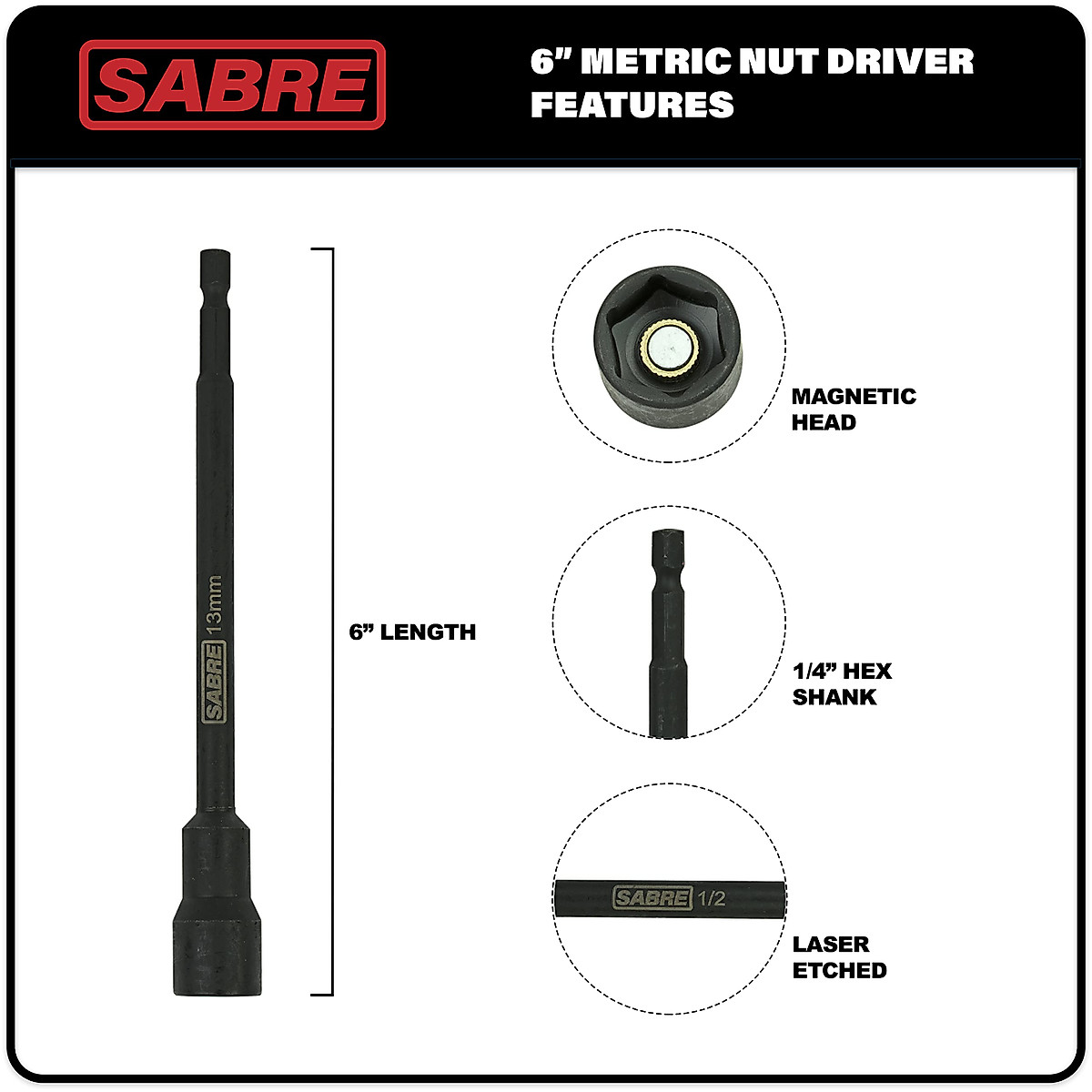 Sabre Tools 8 Piece Metric Impact Magnetic Nut Driver Set – 6 Inch Length, 1/4 Inch Hex Shank, Magnetic Socket Tip (8 Piece Metric Set)