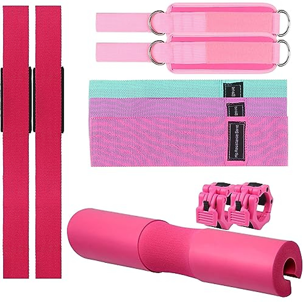 SINYWAY Barbell Pad Set, 11 Pcs Barbell Squat Pad for Hip Thrusts, Lunges, Leg day with 2 Gym Ankle Straps, 3 Hip Resistance Bands, 2 Lifting Strap, 2 Barbell Clip, Barbell Pad and Carry Bag