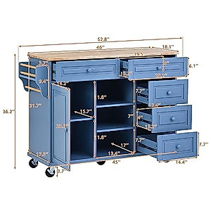 OTRIEK Kitchen Island, Kitchen Cart for Home with Rubber Wood Desktop, Rolling Serving Utility Trolley Cart on Wheel with Storage and 5 Draws, Kitchen Serving Cart for Dining Room, Bar (AAG-Blue)
