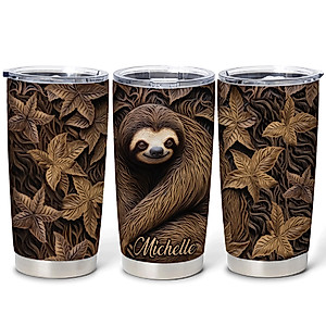 Hyturtle Personalized Gifts For Sloth Lover - Sloth Printed 2D Custom Name Stainless Steel Tumbler 20oz With Lid - Idea Animal Lover Gifts For Women Girl On Birthday, Christmas