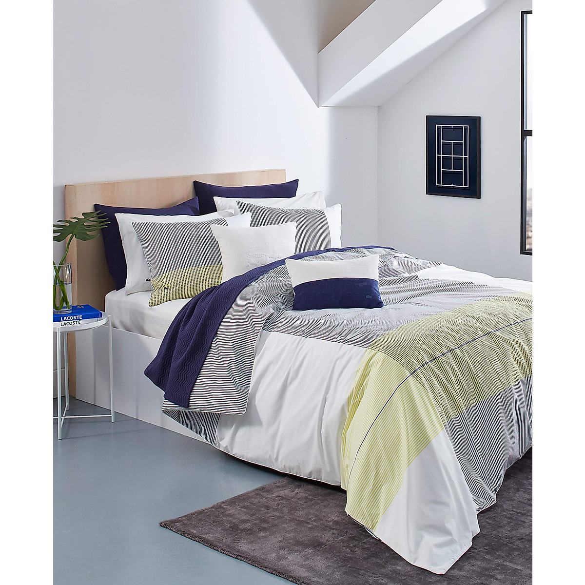 Lacoste Backspin 2- Piece Reversible 100% Cotton Striped Duvet Cover & Sham Set, Twin/Twin XL, Ivory/Blue/Yellow