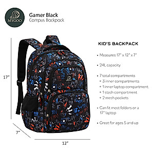 MYGOO Boys' Backpack | Campus Collection | Gamer Black Design | Perfect for Primary School | 17" Tall 24L Capacity