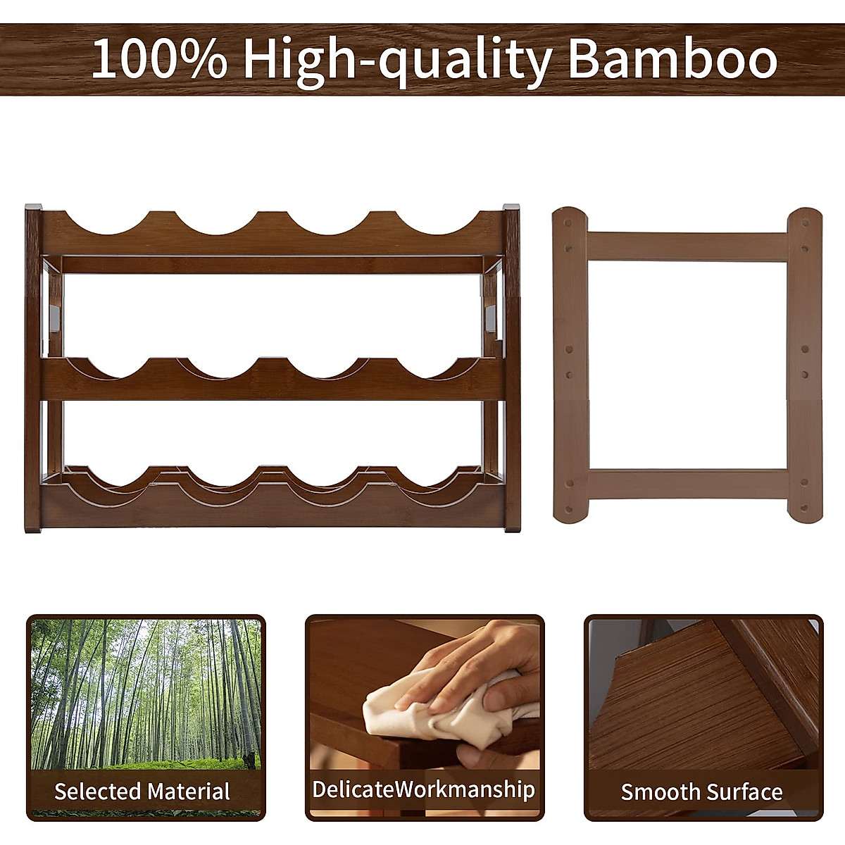 Bamboo Wine Rack, 3-Tier 12-Bottle Freestanding Display Wine Organizer Storage Shelf Table Top Countertop tle Cabinet Wine Holder for Kitchen Dining Living Room Bar Pantry Wine Cellar Basement