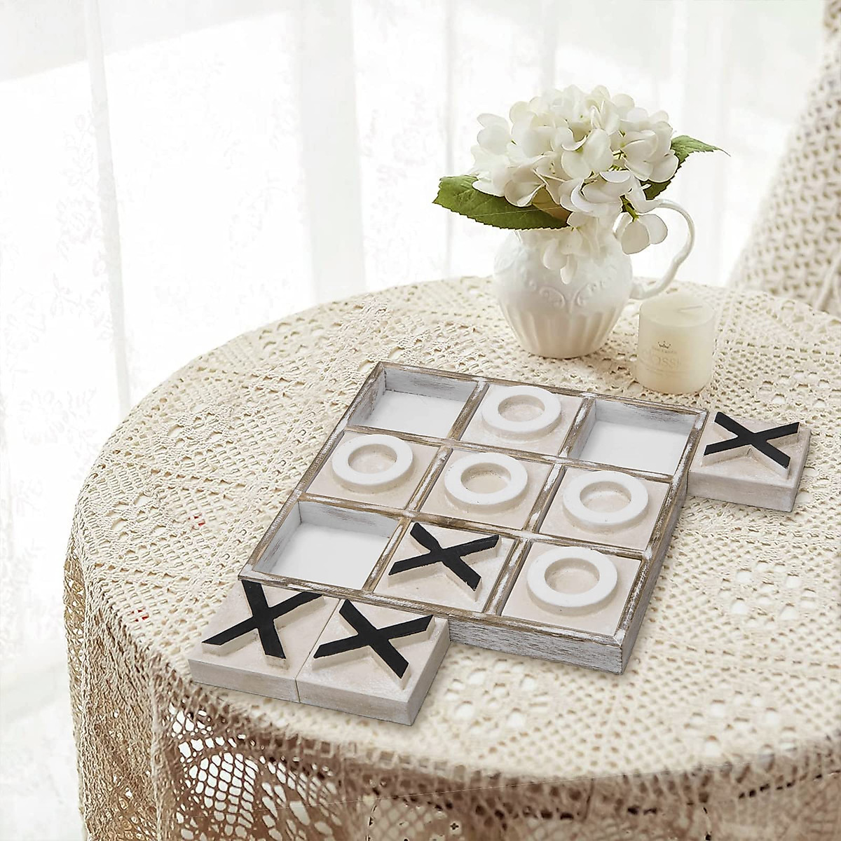 JEVERGN 12.6" Large Wooden Tic Tac Toe Game, Rustic Coffee Table Game, Wood Farmhouse Tic Tac Toe Board Game Decor, Family Games for Adult & Kids, Whitewashed