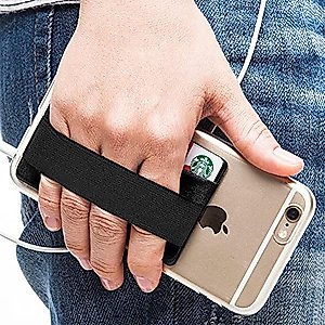 Sinjimoru Cell Phone Grip with Card Wallet, Phone Wallet Stick on Card Holder for Back of Phone, Slim Wallet with Elastic Phone Strap. Sinji Pouch Band Black
