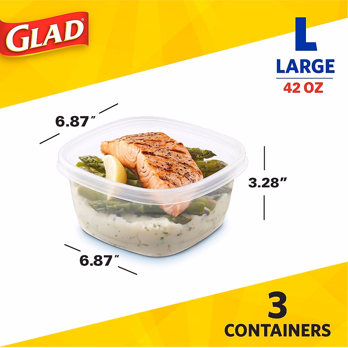 Glad GladWare Tall Entrée Food Storage Containers | Large Square Containers for Food Hold up to 42 Ounces of Food, 3 Count | Strong and Sturdy Large Food Storage Holders
