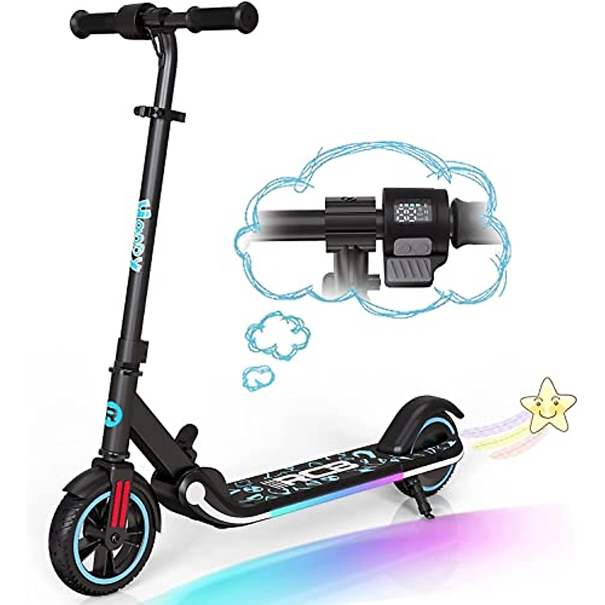 RCB Electric Scooter for Kids Ages 6-8-12, Electric KickScooter with 200W Motor & LED Display, Adjustable Speed and Height - E-Scooters Up to 9.3 MPH & 5 Miles, Boys and Girls, with NewColorful Lights
