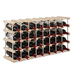 36 Bottle Wooden Wine Rack for Wine Cellar, 34” x 9.5” x 17.5” 4-Tier Large Floor Freestanding Modular Wine Bottle Storage Display Shelf Natural Bamboo Wood Construction for Kitchen and Cellar