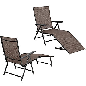 MIXPATIO Outdoor Loungers (Set of 2), Folding Textile Loungers for Patio, Adjustable Loungers with Armrests for Beach Pool Patio, Brown